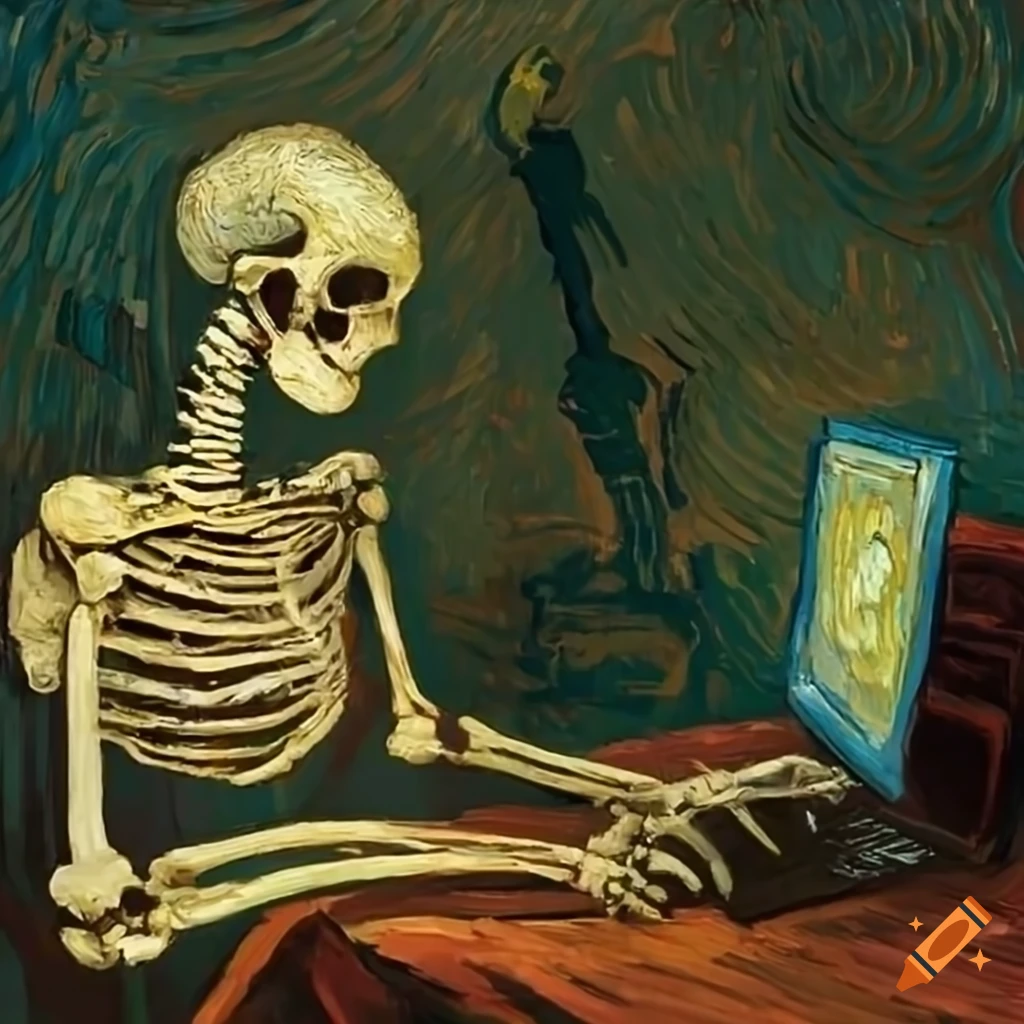 Skeleton watching movie on computer in Van Gogh style on Craiyon