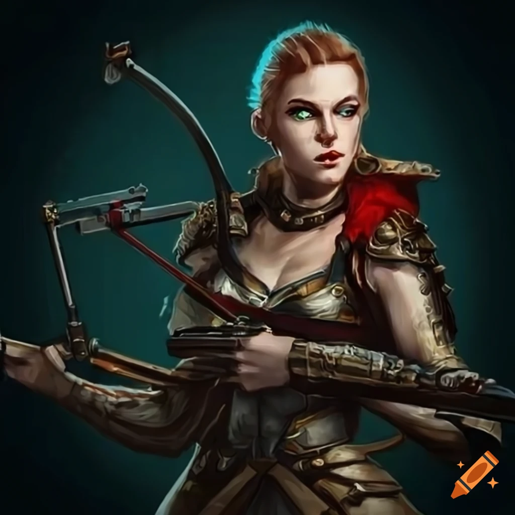 One-eyed female general with a crossbow ready for battle on Craiyon