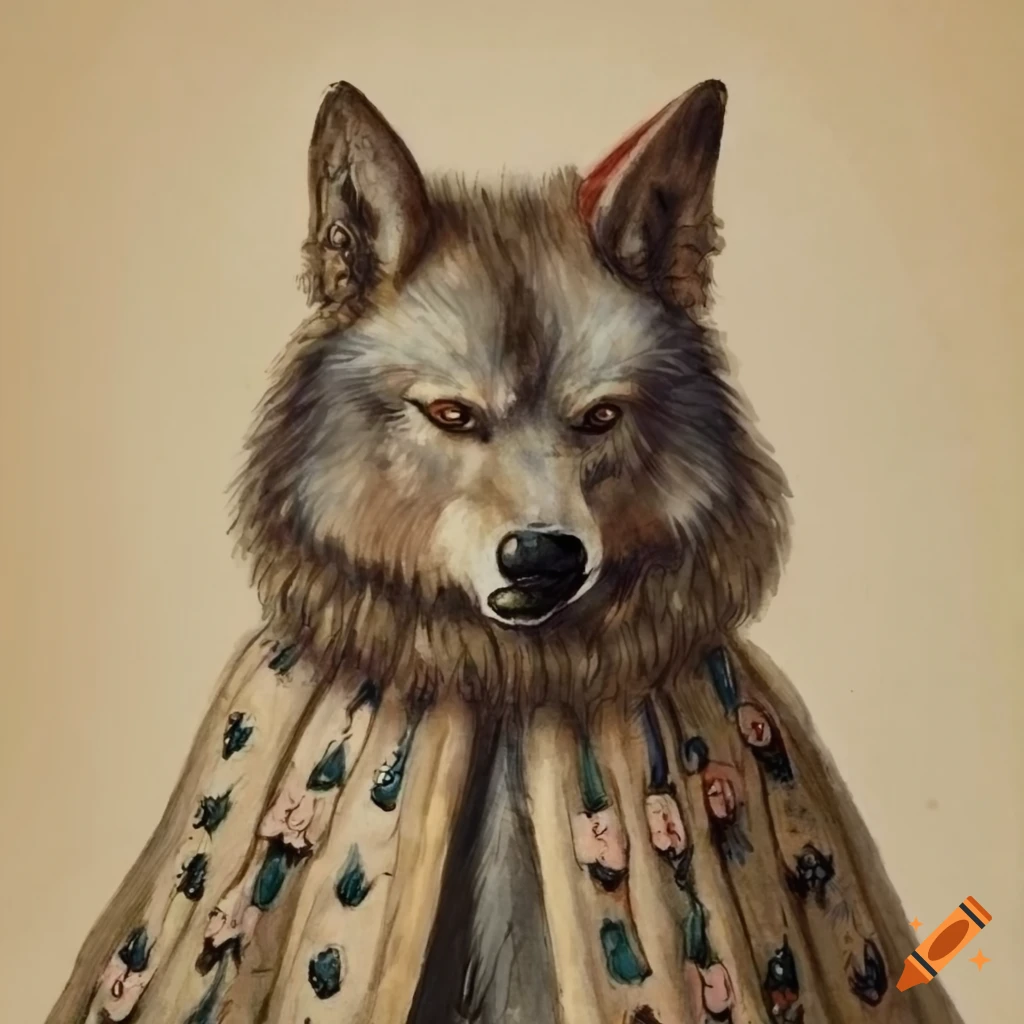 Noble wolf in a 17th-century fur robe intricately shaded on Craiyon