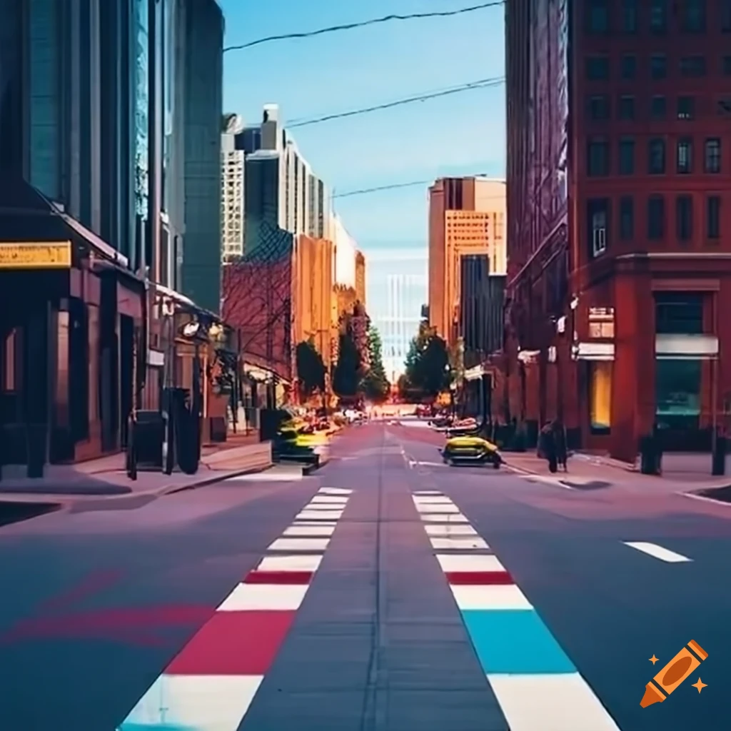 Streetscape in denver with bus lanes and pedestrian features on Craiyon