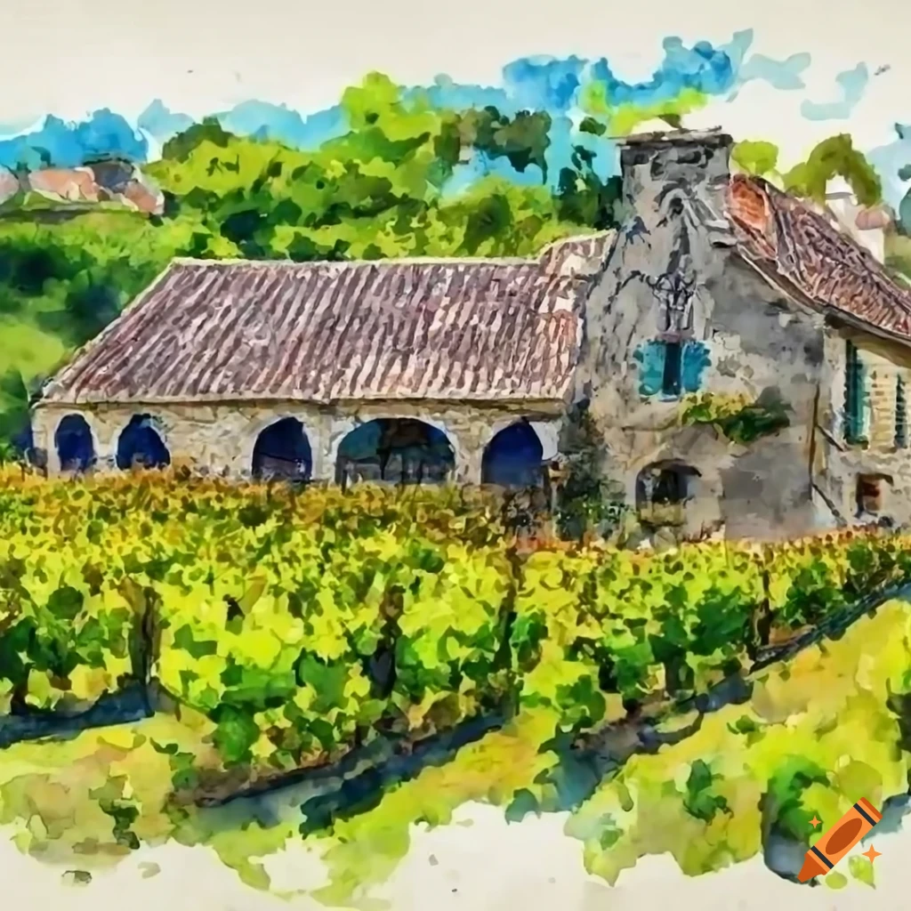 Rustic french vineyard with stone house in a watercolor painting on Craiyon
