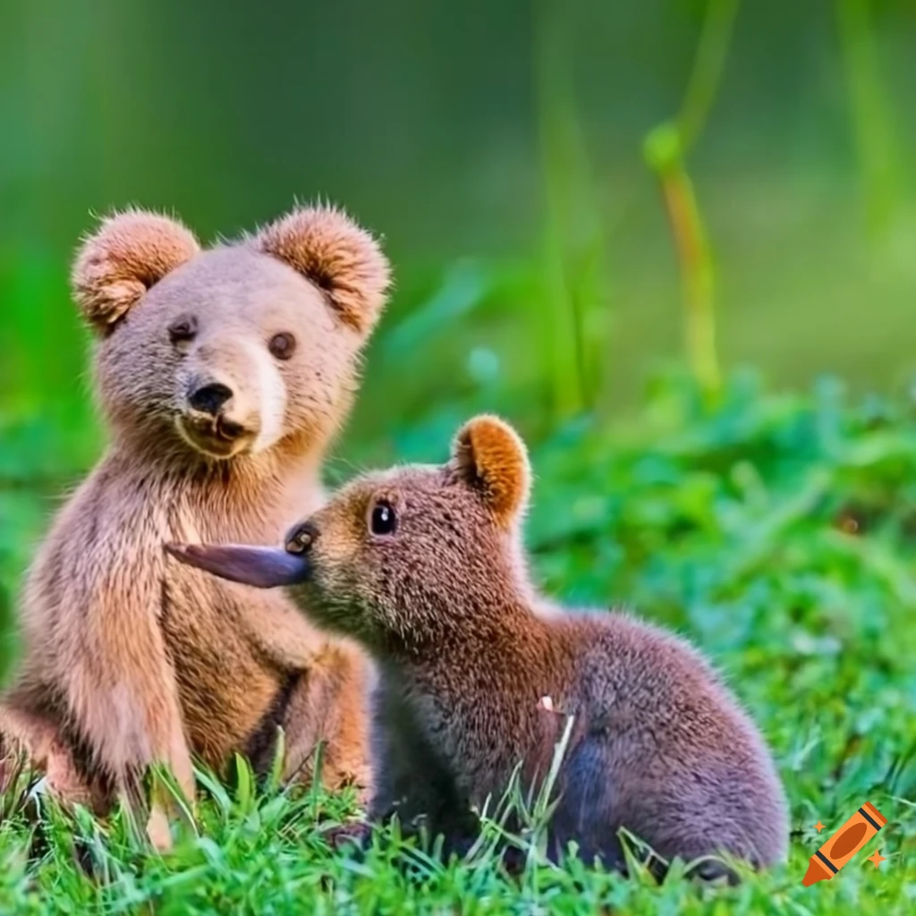 Little bear and bunny sitting together on grass by the river on Craiyon