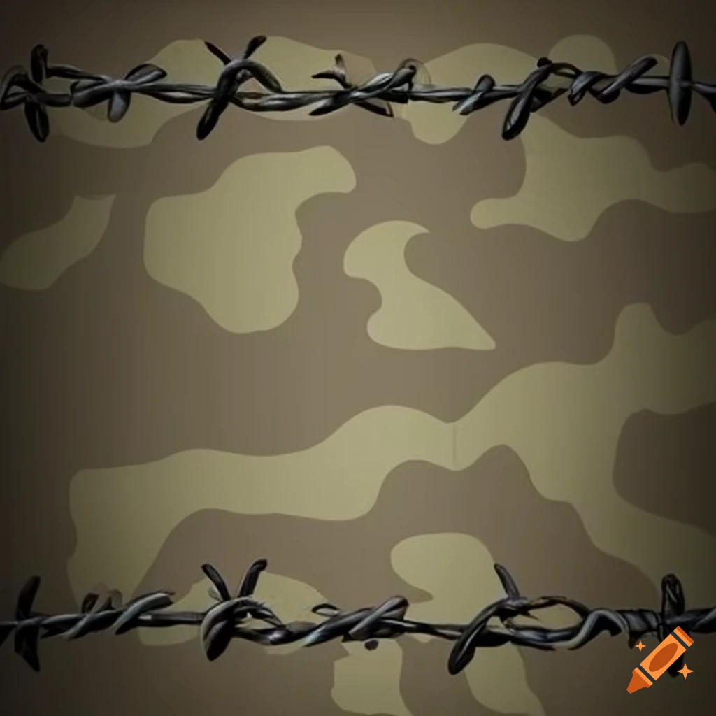 High-resolution military camouflage backdrop with barbed wire on Craiyon