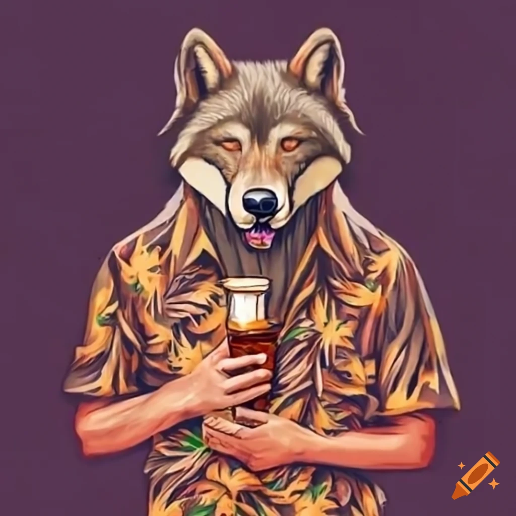 Caribbean wolf in hawaiian shirt sipping whiskey and smoking a cigar on ...