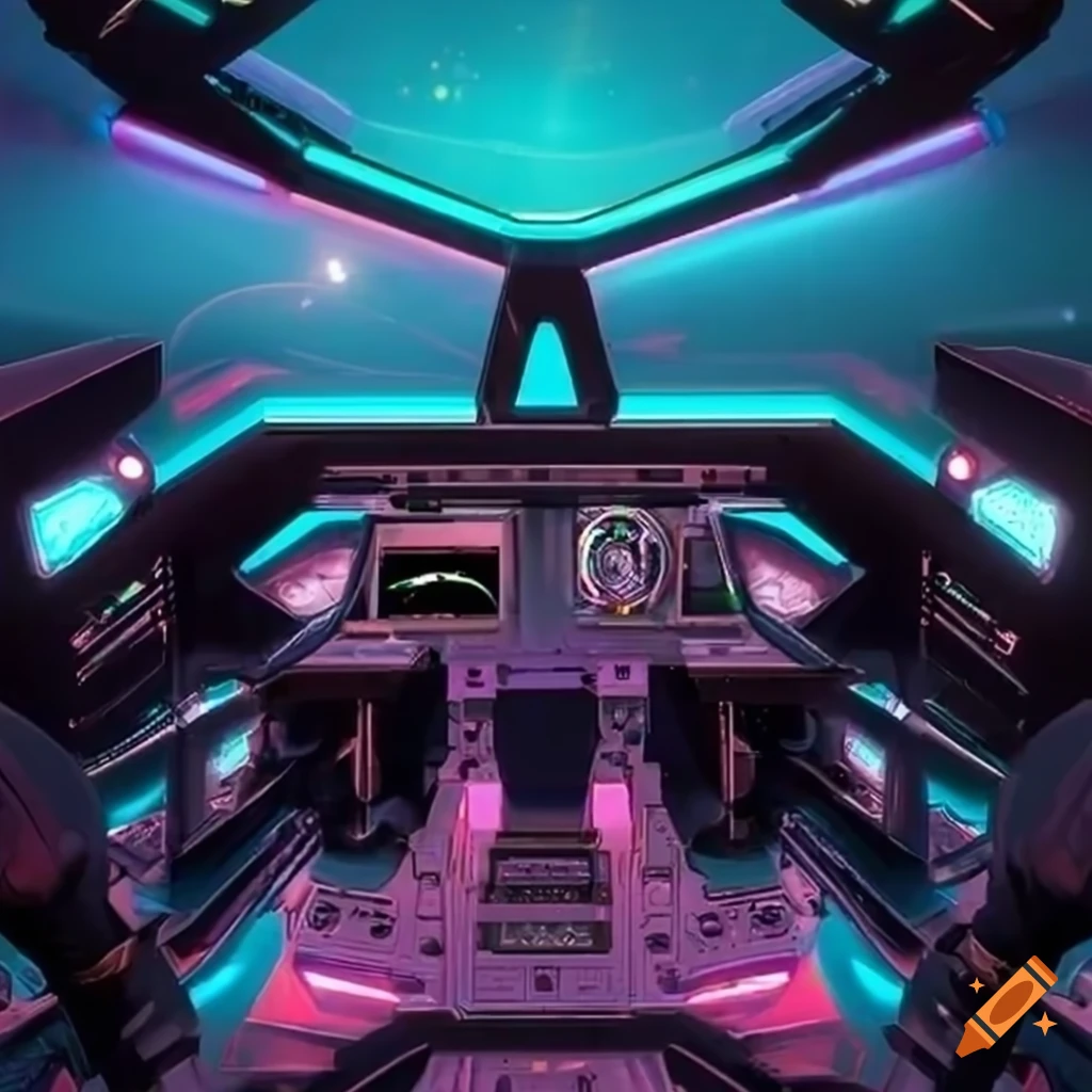 Futuristic starship cockpit in a vibrant k-pop galaxy on Craiyon