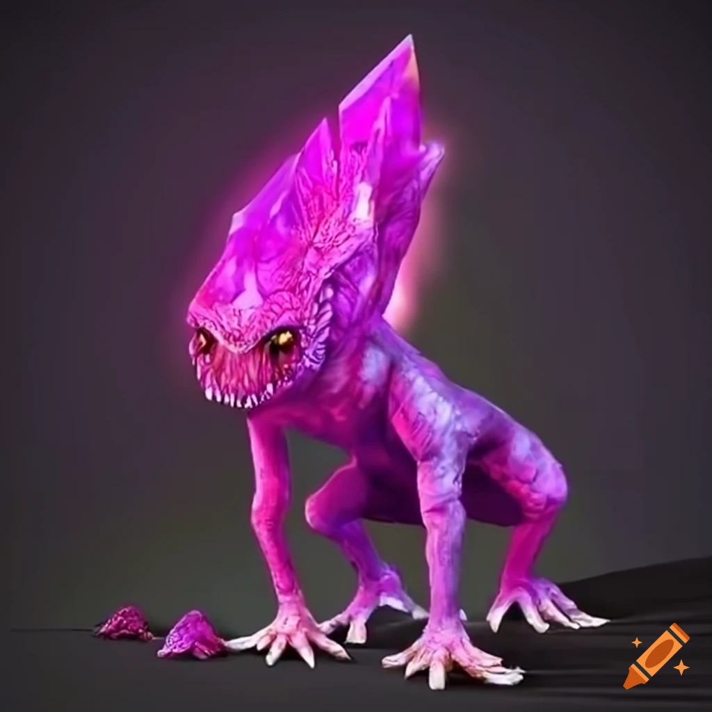 Detailed image of a magenta crystaline bipedal monster on Craiyon