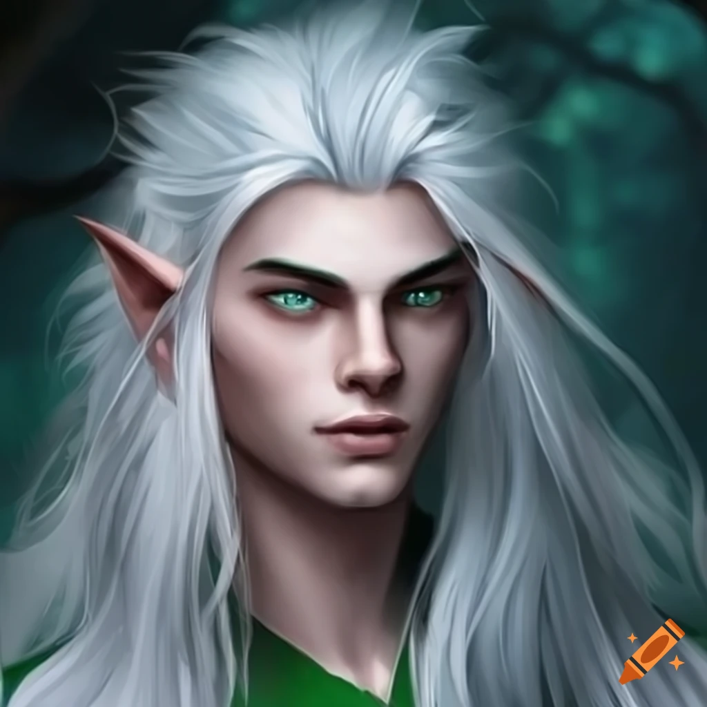 White-haired elf with emerald green eyes on Craiyon