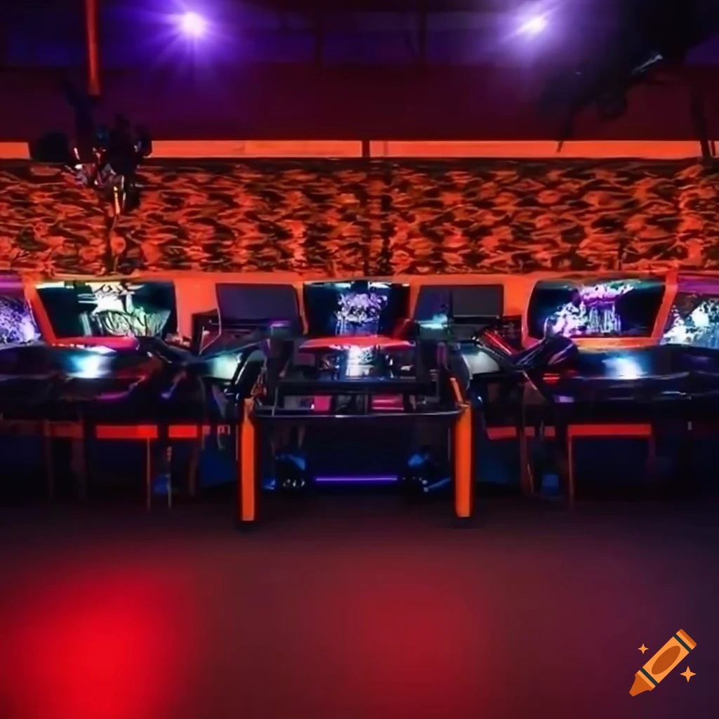 Hi-tech gaming arena with computers and monitors on tables on Craiyon