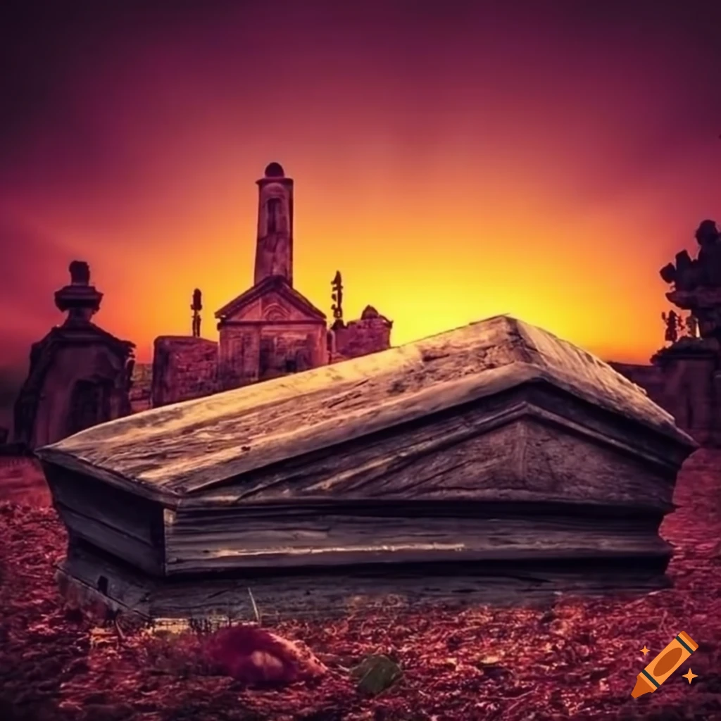Old coffin in cemetery at sunset on Craiyon