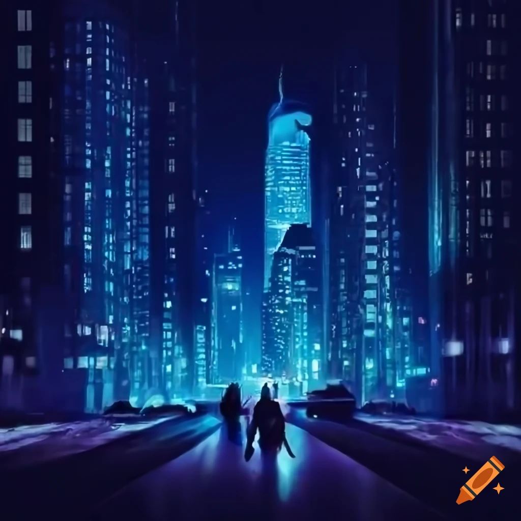 Nighttime city scene downtown with blue filter in digital art on Craiyon