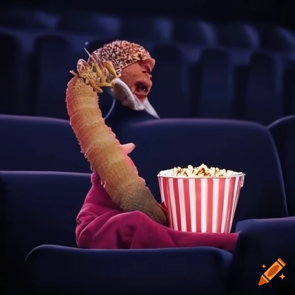 Man with sand worm popping out of popcorn bucket in a movie theater on ...