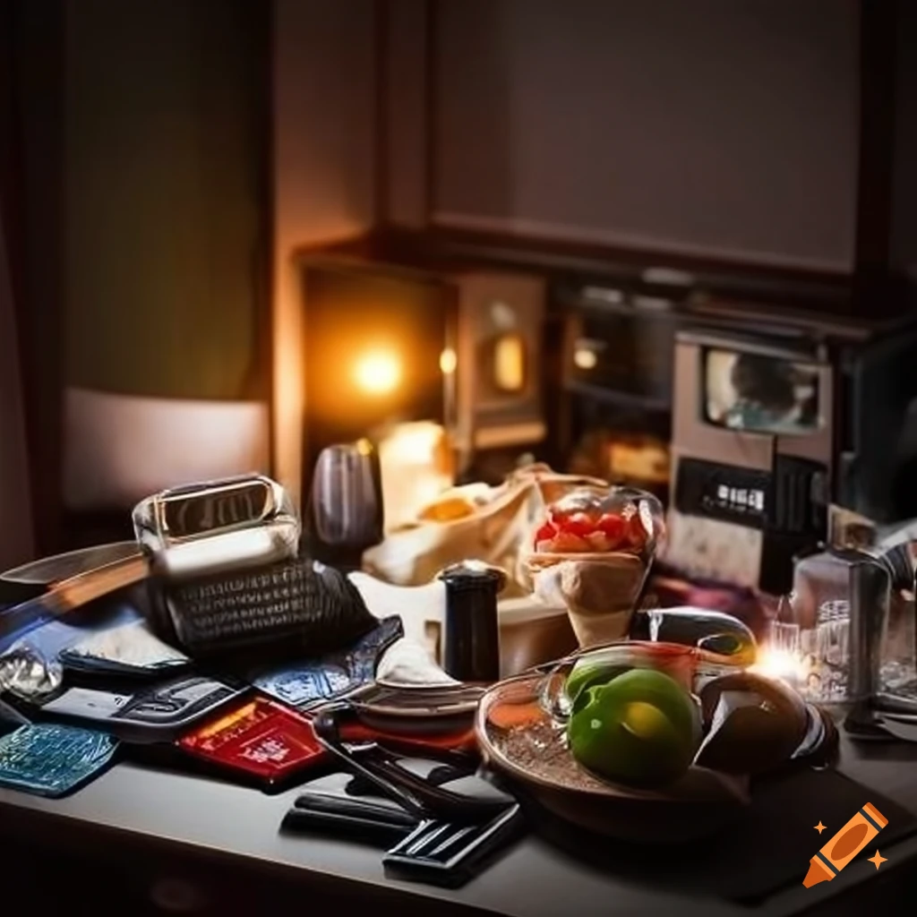 Table of brand-new electronics, clothing, and gourmet foods on Craiyon