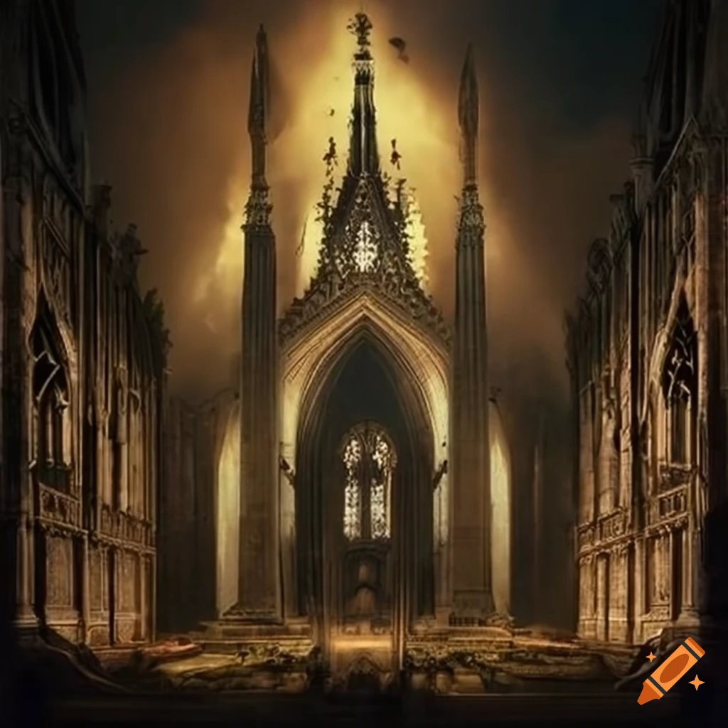 Gothic temple crumbling under stormy skies on Craiyon