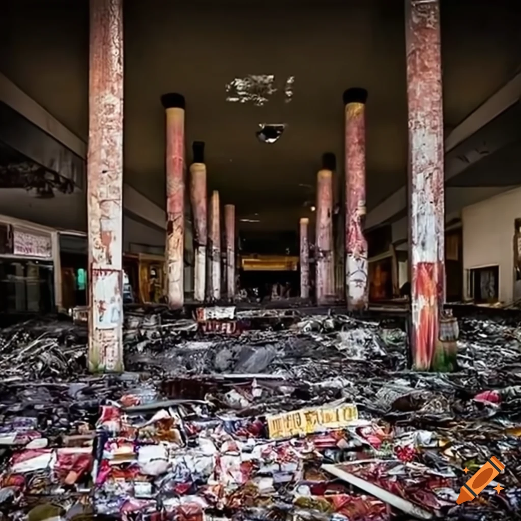 Abandoned mall with gutted stalls and littered bottles and garbage on ...