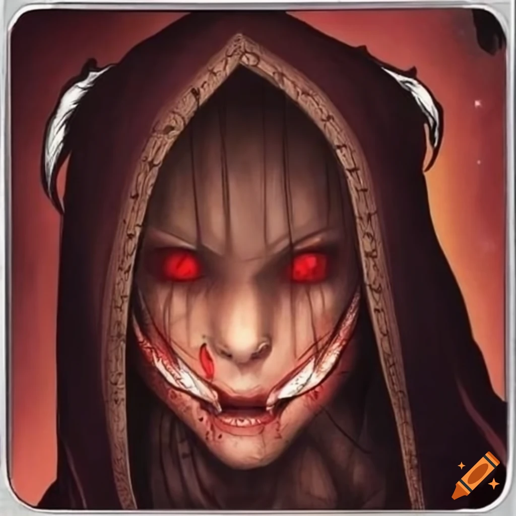 Mythical being with long fangs, cloak, and red eyes on Craiyon