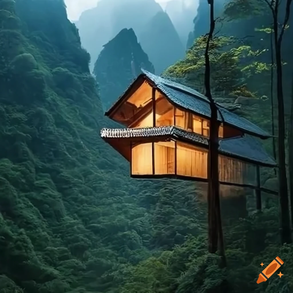 Maison in a pine forest in the mountains of western china on Craiyon