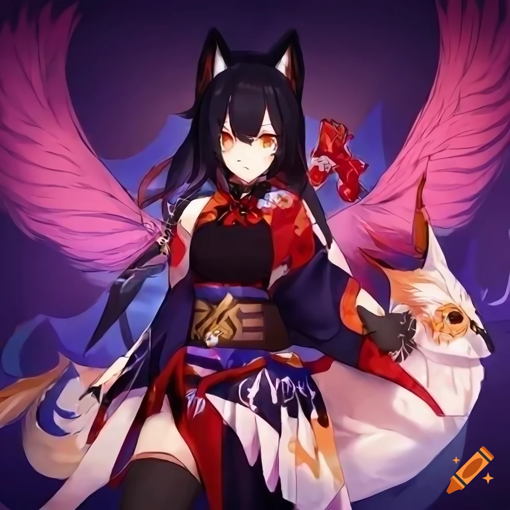 Girl with black hair in kitsune kimono and orange eyes on Craiyon