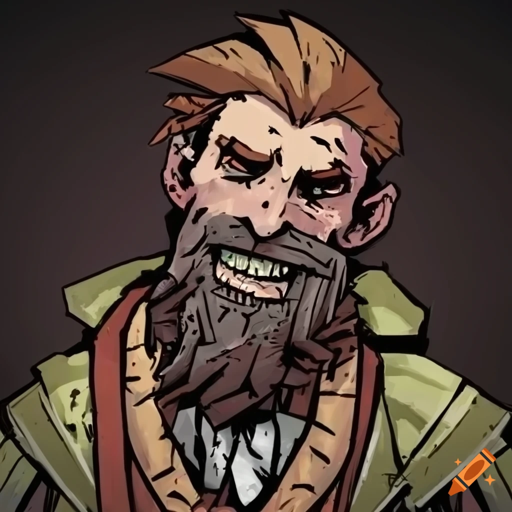 Bearded male merchant with a smile in Darkest Dungeon style on Craiyon