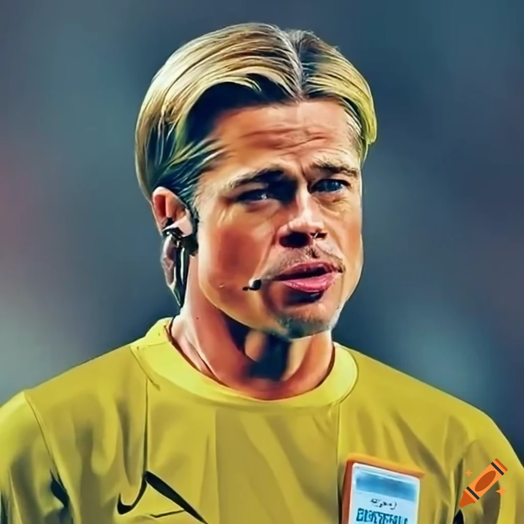 Brad pitt as a referee in a soccer match at a stadium under lights on ...