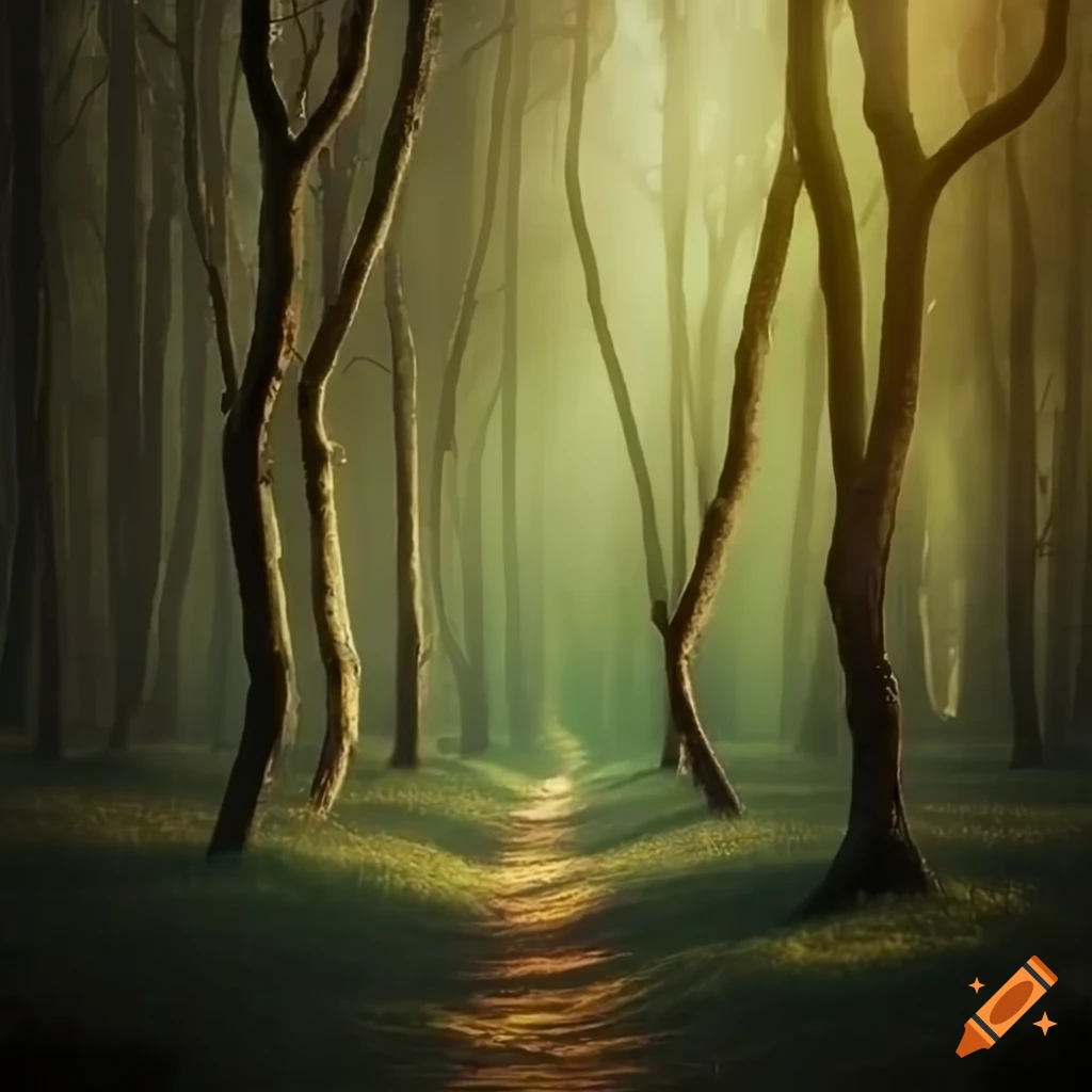 Light forest with crossing tree branches and distant wildlife on Craiyon