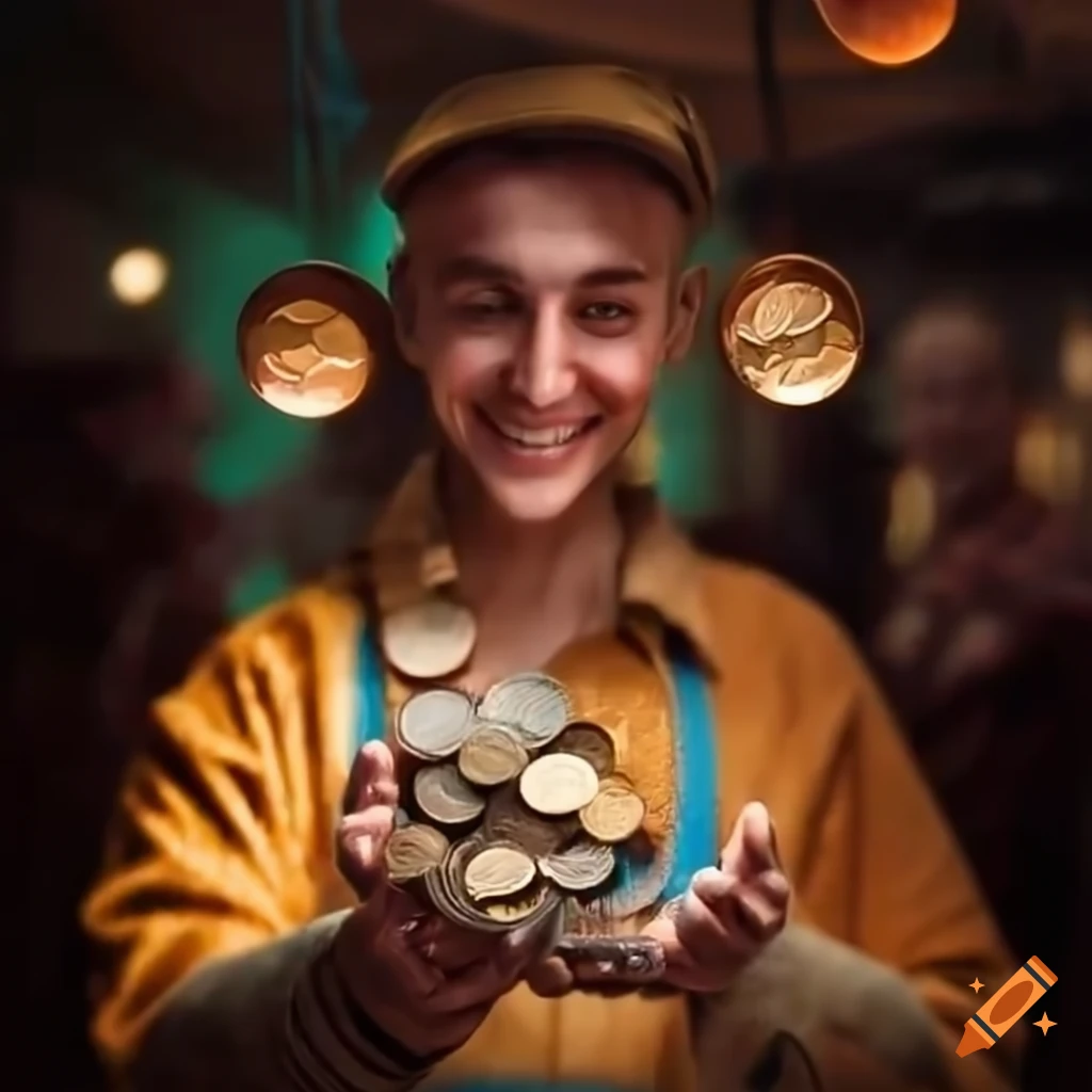 Man selling pi coins in a lively market stall on Craiyon