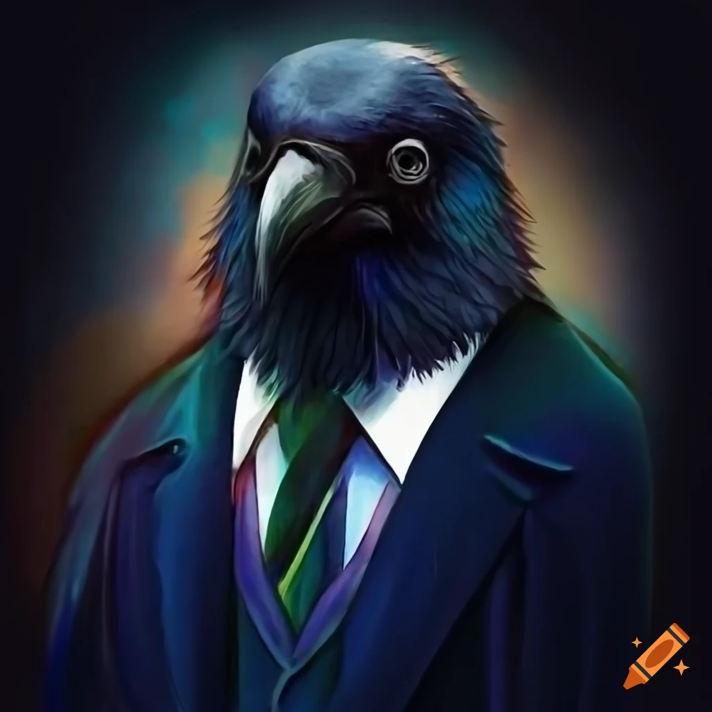 Crow wearing a suit in a headshot on Craiyon