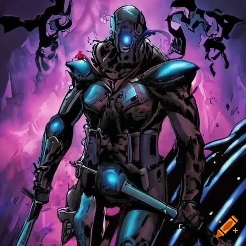 Detailed comic panel of a cybernetic warrior wielding a sword on Craiyon