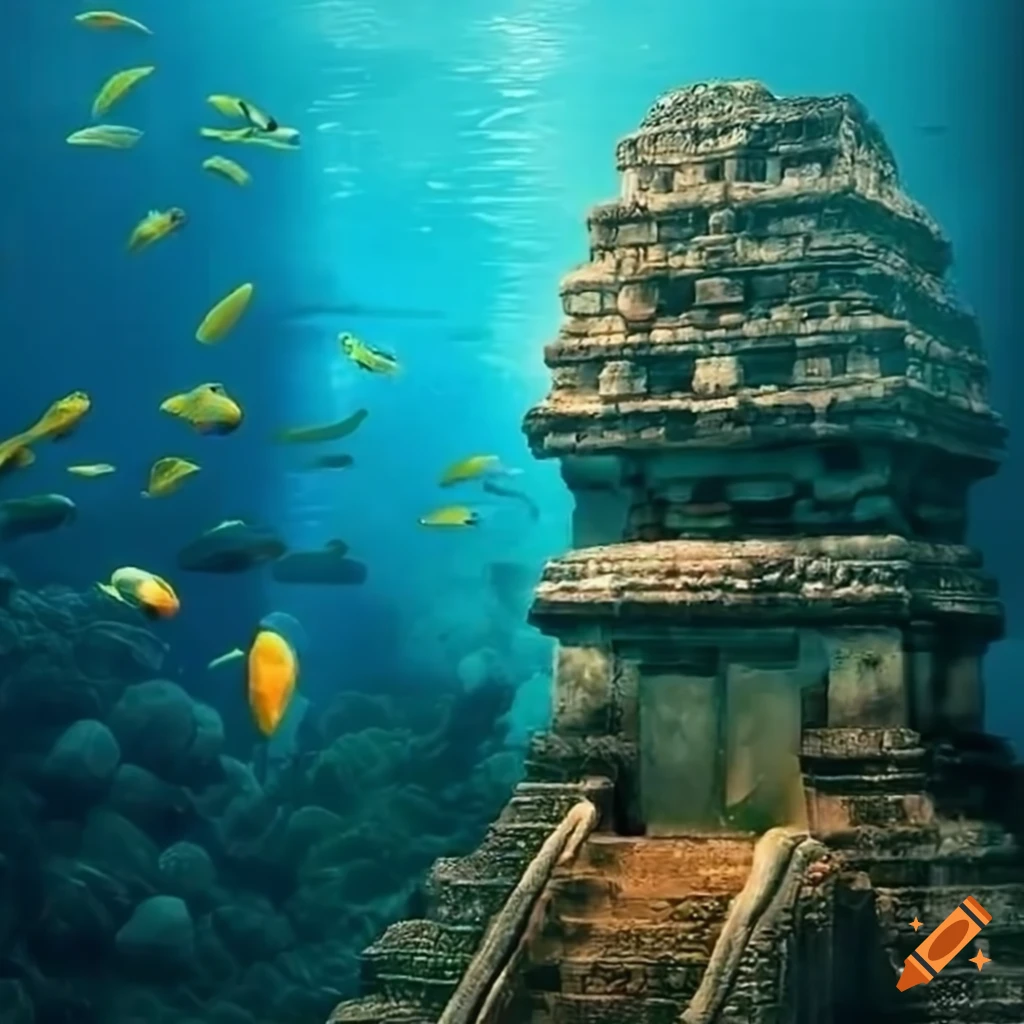 Mayan temple at the bottom of the ocean with algae and fish on Craiyon