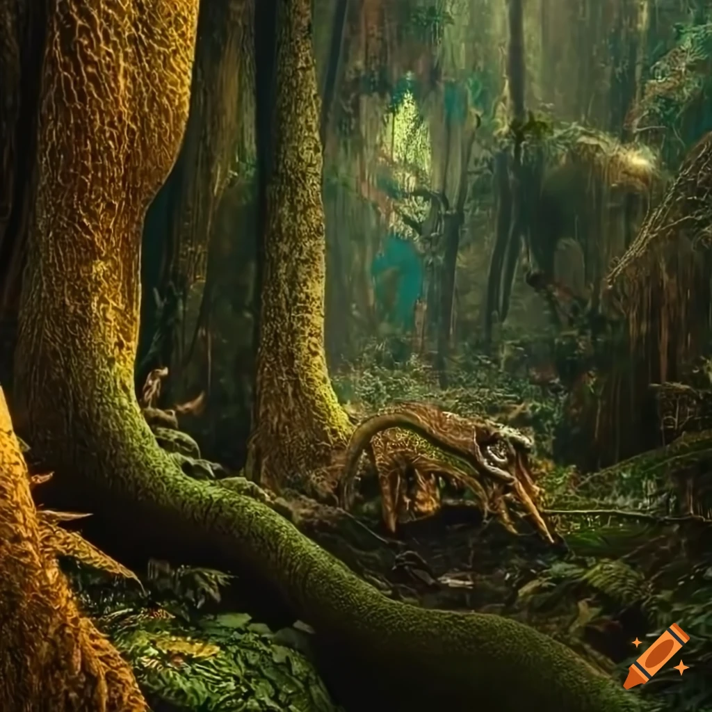 Wide metal trees in an amazonian jungle on a distant planet with alien ...