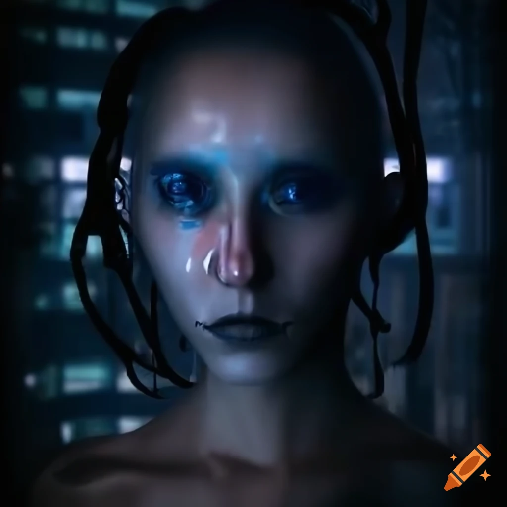 Female cyborg goddess in a dark cyberpunk cityscape on Craiyon