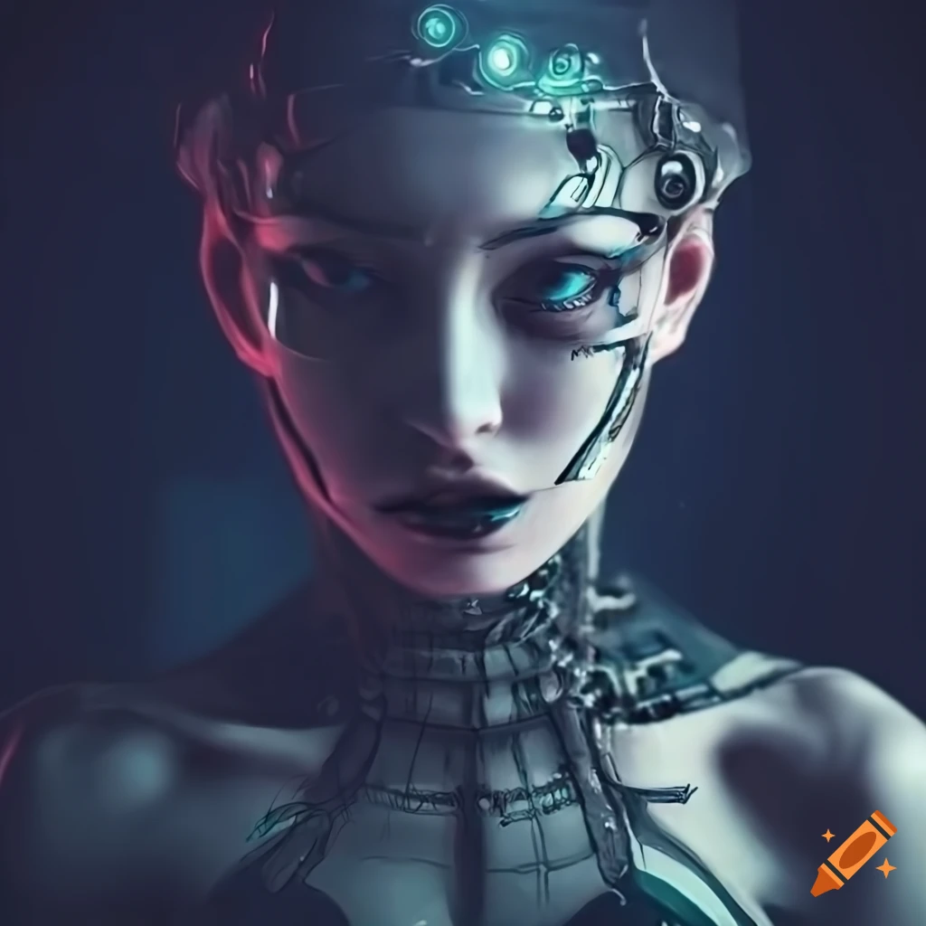 Cyborg goddess with human-cybernetic features in a dark cyberpunk ...