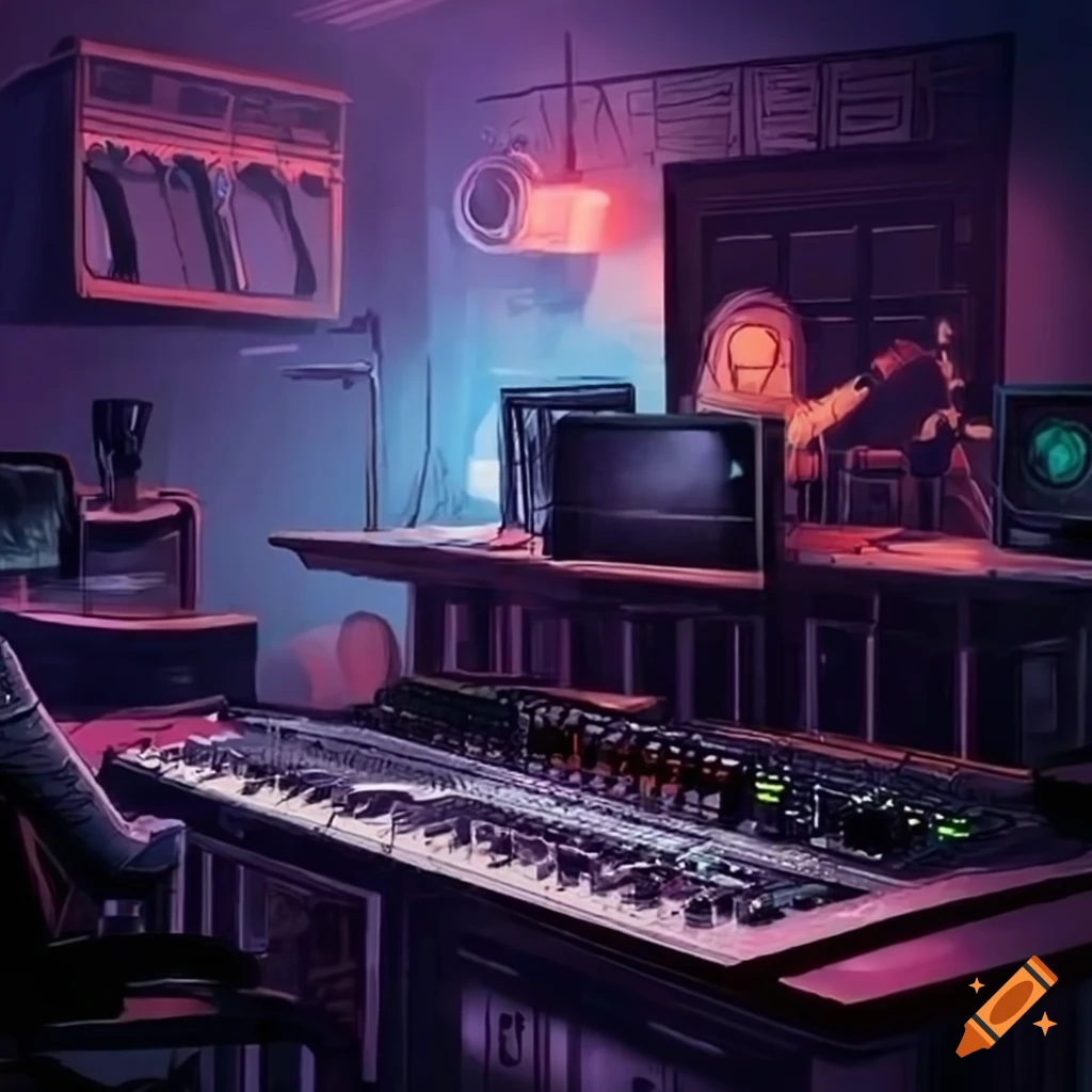 Producer with mixing console in studio watching rock band, comic style ...