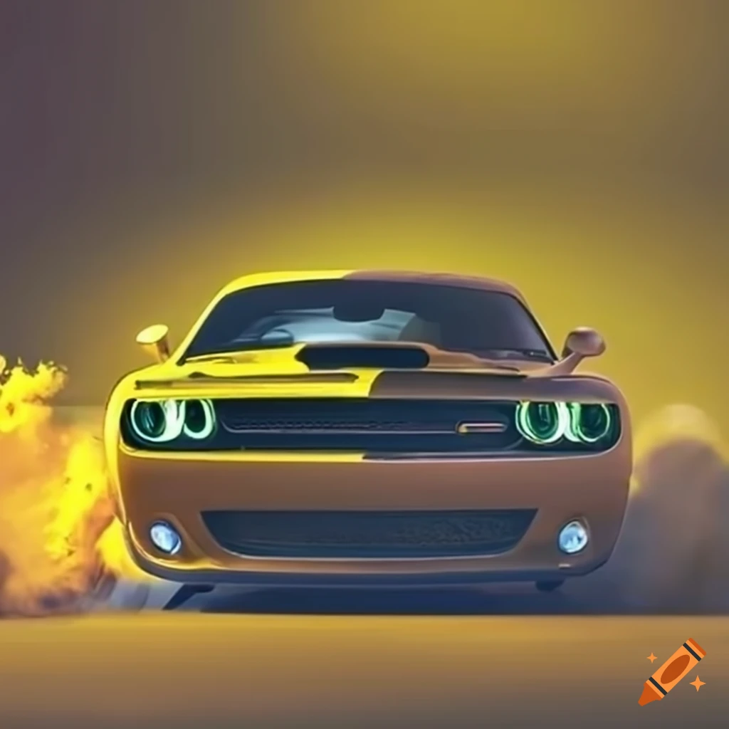 Yellow dodge challenger performing a burnout on Craiyon
