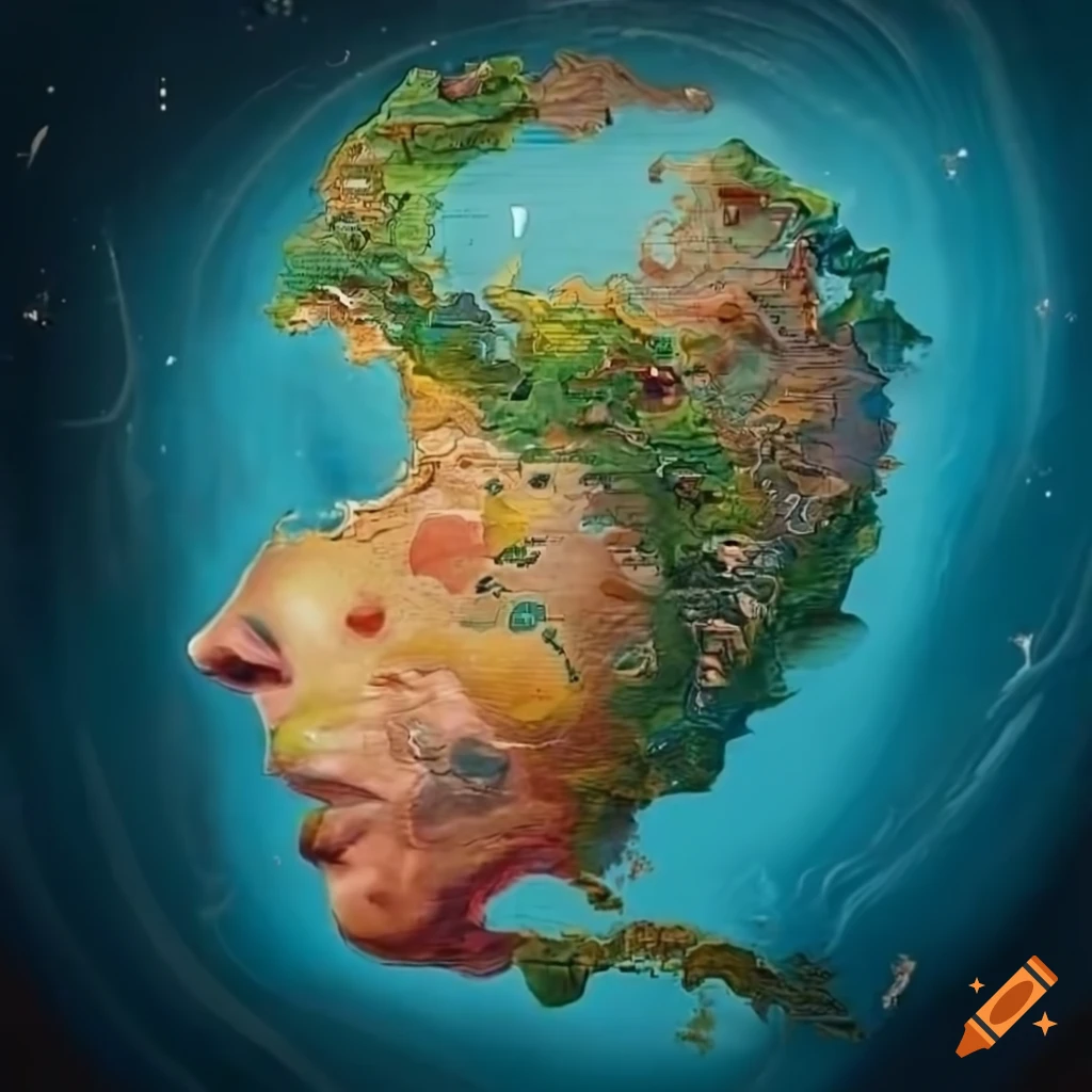 Vividly-detailed map of a mythical world shaped like a human head with ...