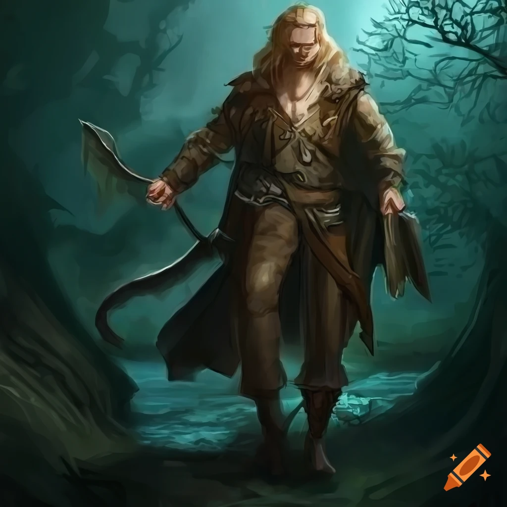 Rugged male ranger with long blond hair exploring a tomb in fantasy ...