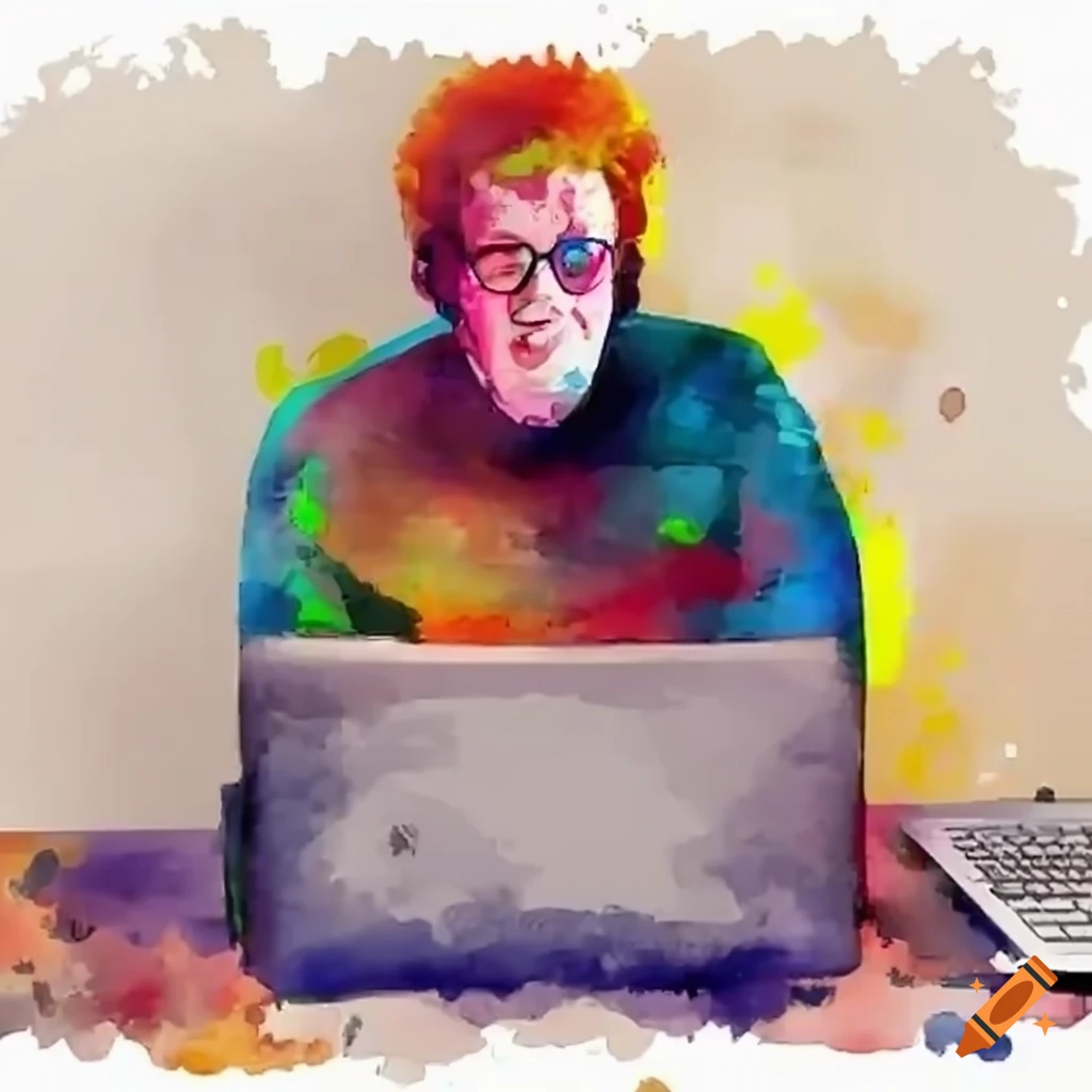 Joe sitting in front of a computer on Craiyon