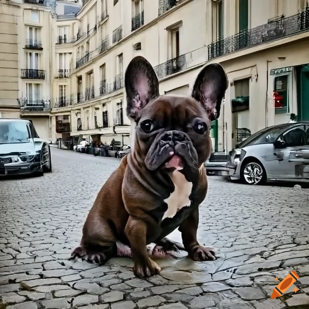 French Bulldog strolling through historic streets of Paris on Craiyon