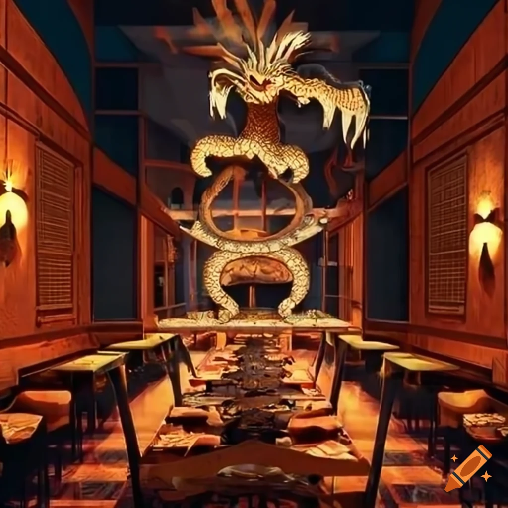 Intricately decorated restaurant interior with a dragon decoration on ...