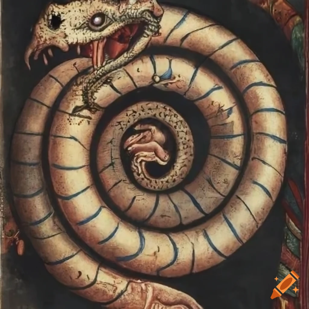 Ancient manuscript with Ouroboros serpent devouring the Genetic Code in medieval style on Craiyon
