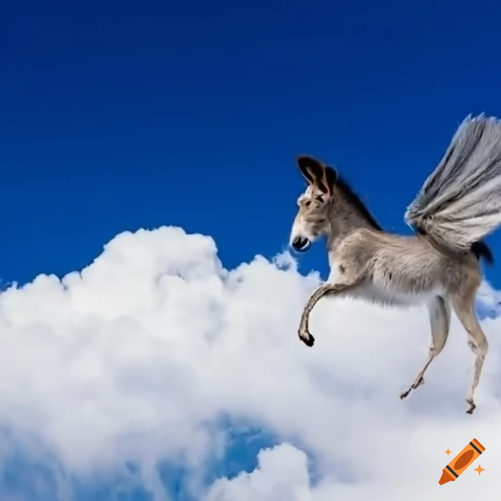 Iridescent flying donkey above the clouds on Craiyon