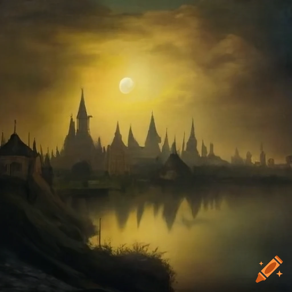 Fantasy landscape with golden moon reflecting off elven city rooftops ...