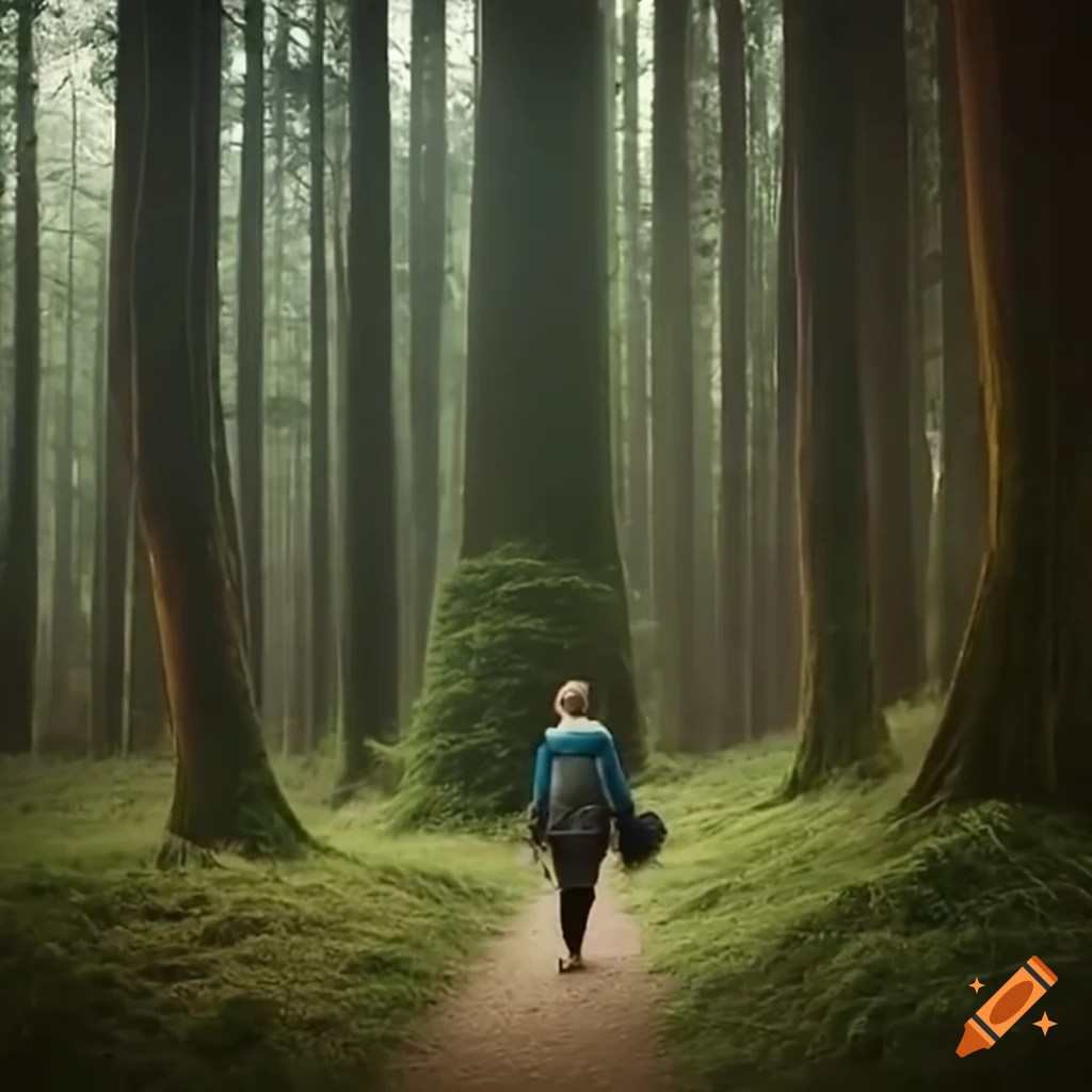 Adventurous young woman entering a magnificent forest with a backpack ...
