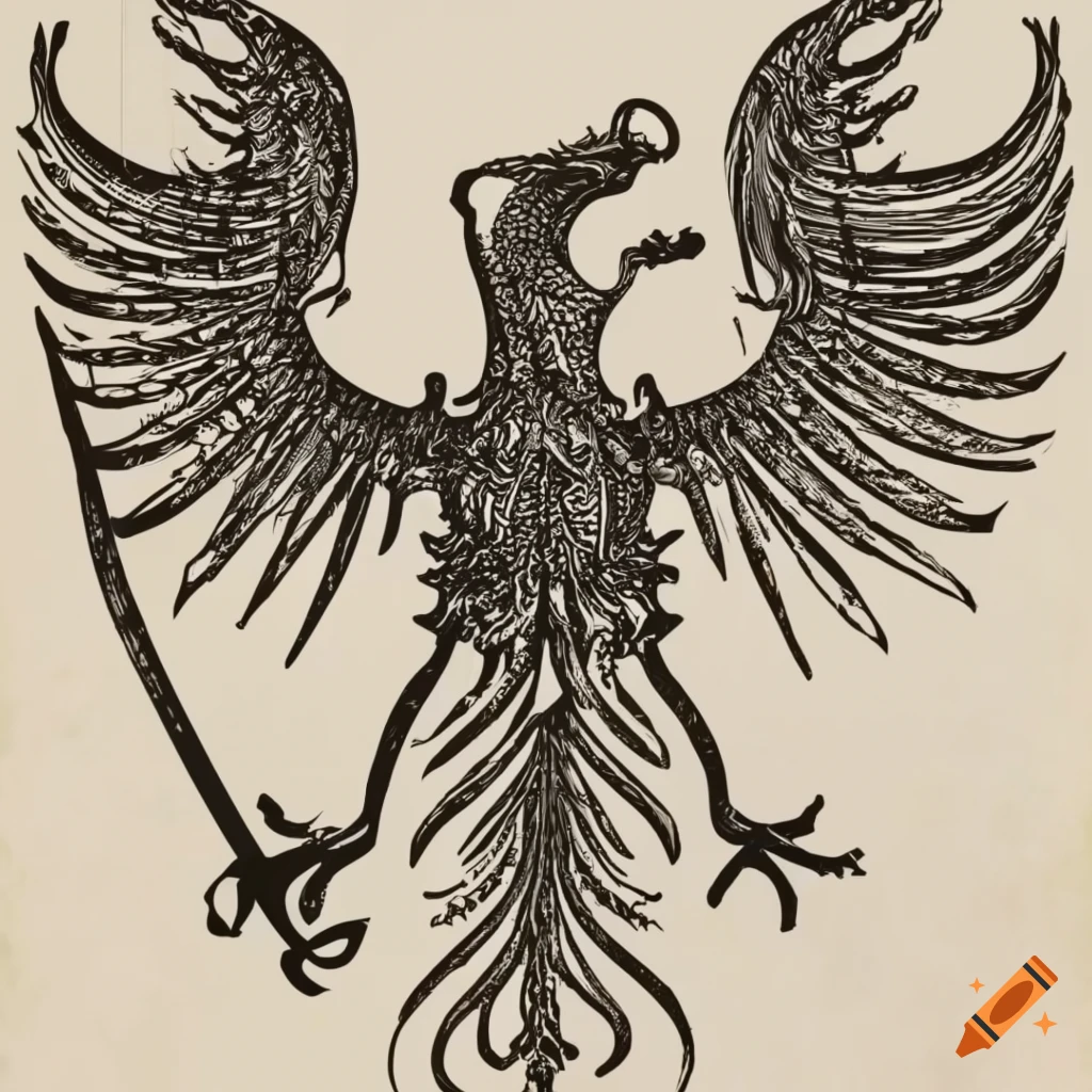 Coat of arms with a phoenix holding a sword and a human heart on Craiyon