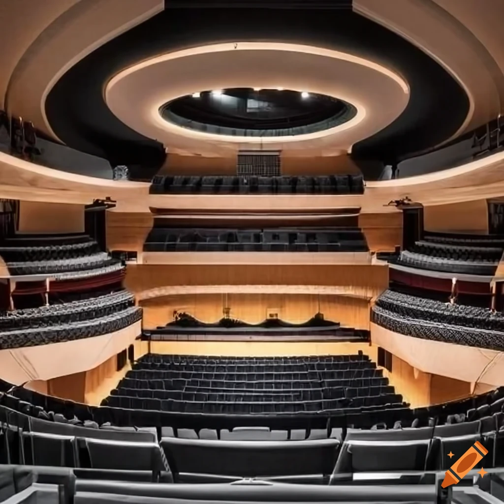 Interior of a modern concert hall with geometric acoustic paneling on ...