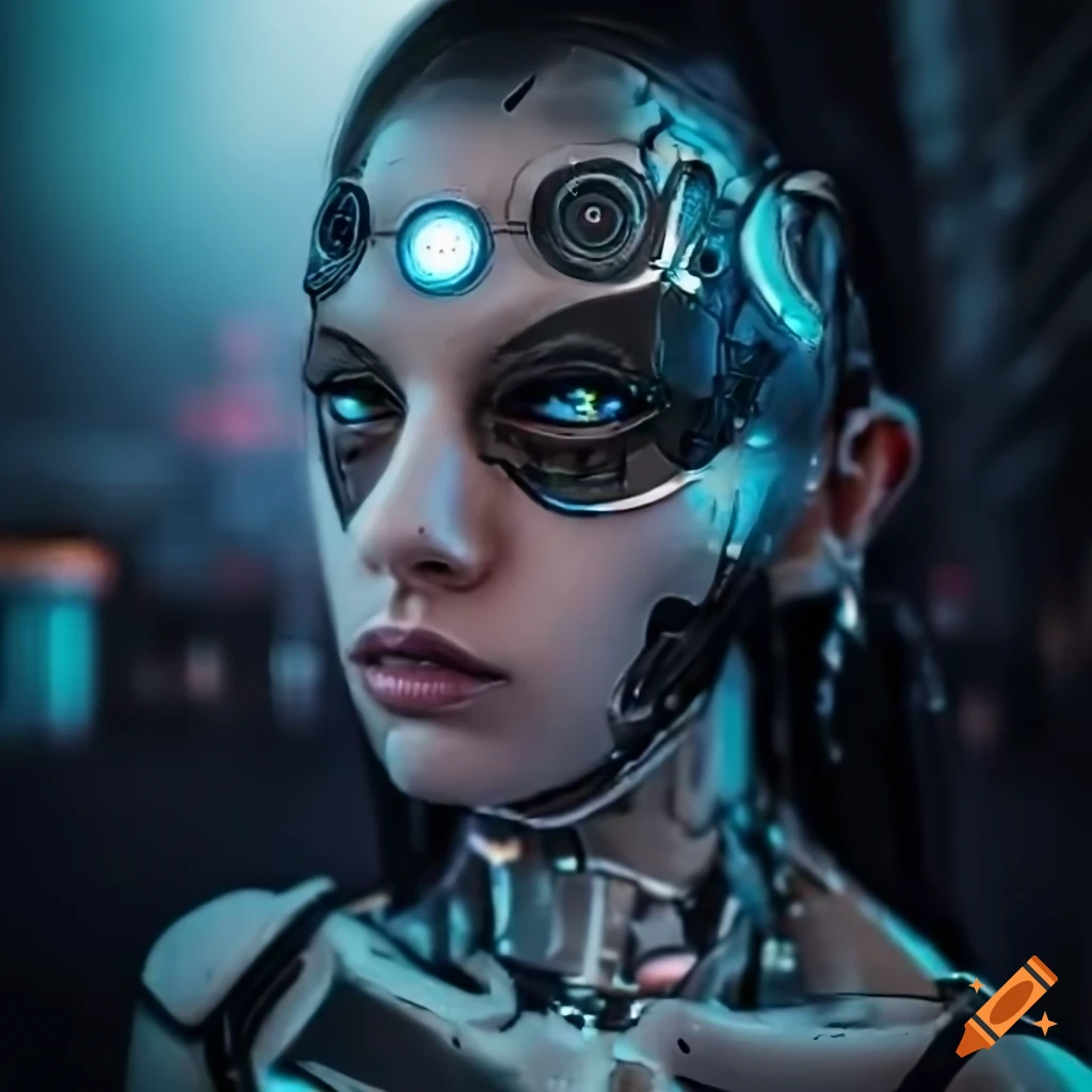 Cyborg goddess with human and cybernetic features in a dark cyberpunk ...