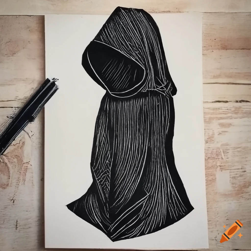 Heraldic dark hooded figure concept art in black and white linocut ...