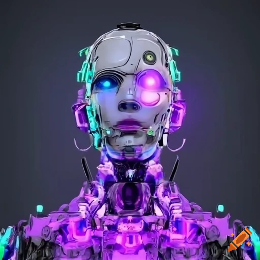 Cyborg with a purple glowing cube head surrounded by bags of money on ...