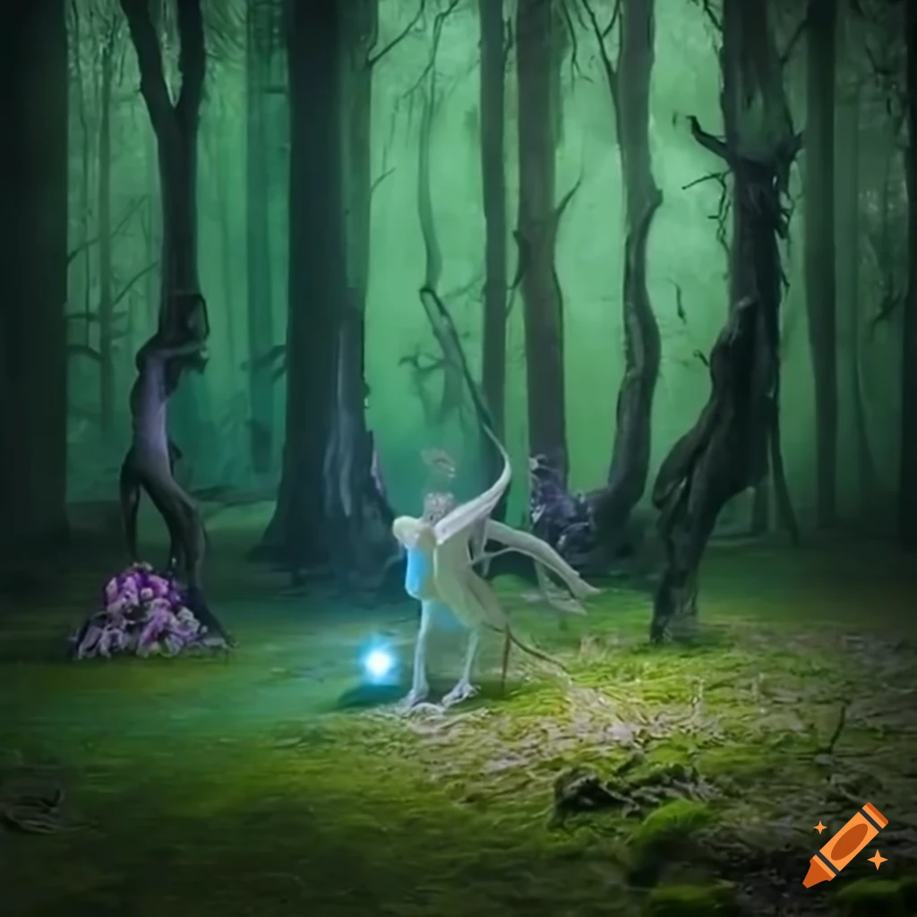 Enchanted forest scene with porcelain fairy and mutant omega mart on Craiyon