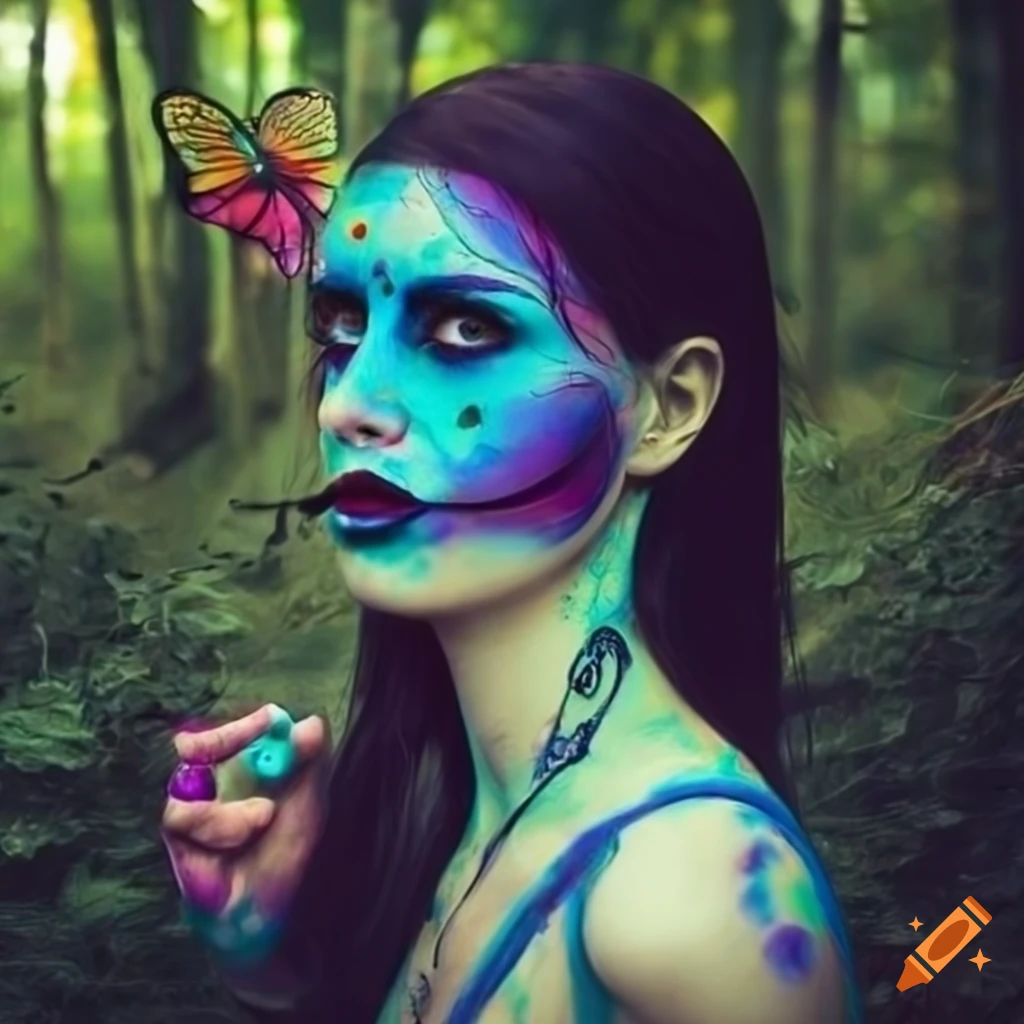 Colorful and surreal woman's face in a gothic forest setting on Craiyon
