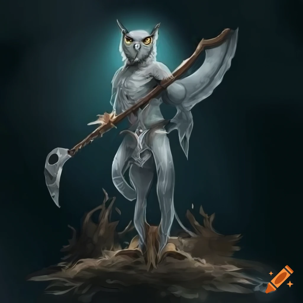 Grey owl humanoid with wind scythe on Craiyon